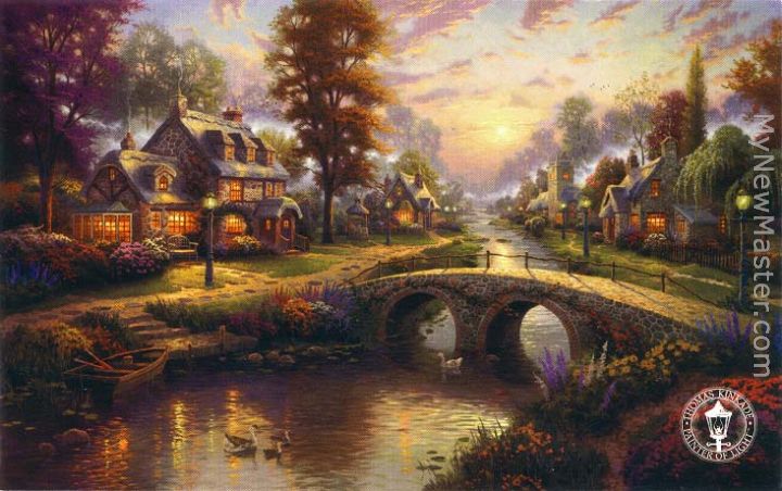 Thomas Kinkade Sunset on Lamplight Lane Painting